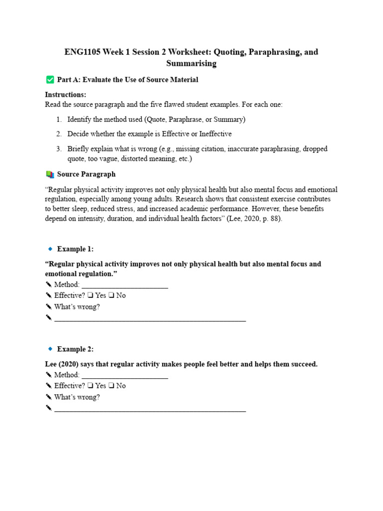 Week 1 Session 2 Quoting, Paraphrasing, and Summarising | PDF ...