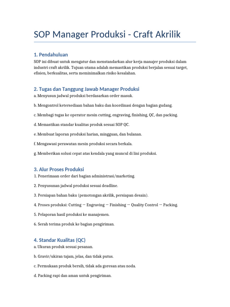 SOP Manager Produksi Craft Akrilik | PDF