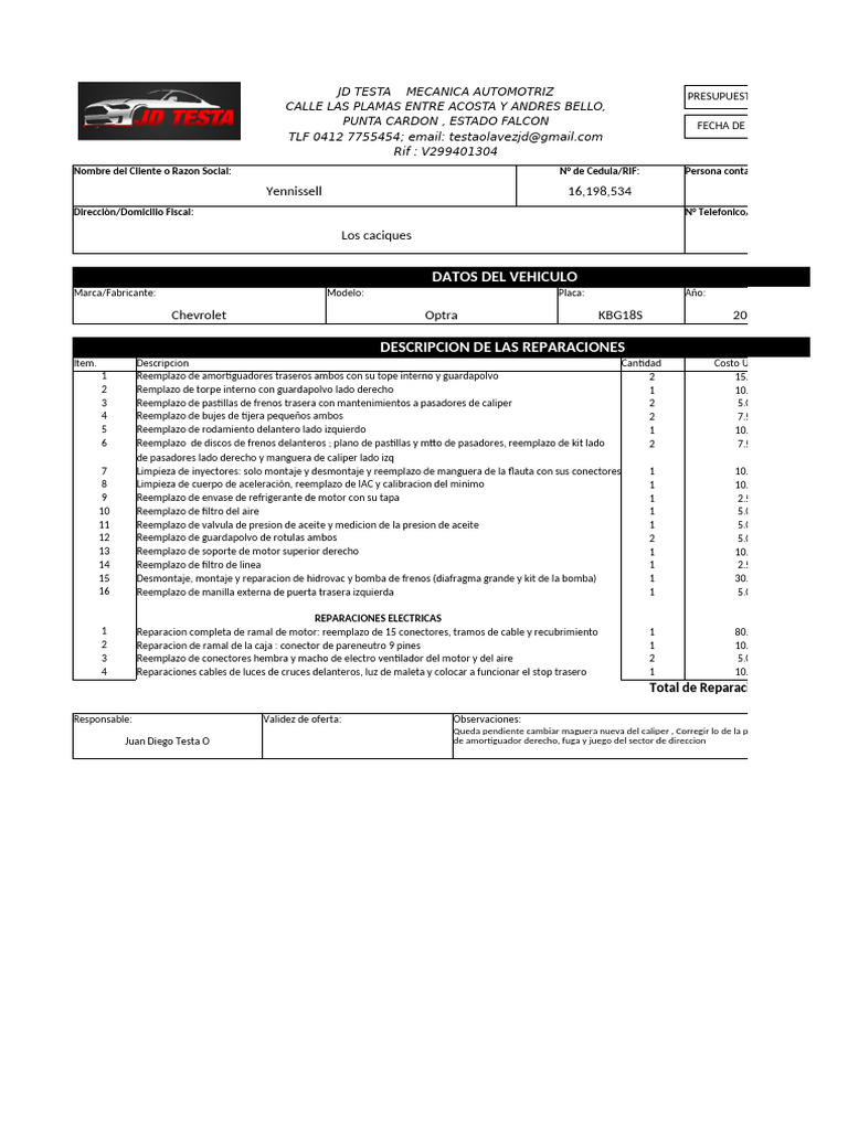 Presupuesto Optra Yennissell | PDF | Tecnología de vehículos | Tecnologías automotrices