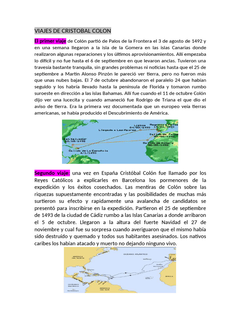 Viajes de Cristóbal Colón: Resumen Histórico | PDF | Cristobal colon ...