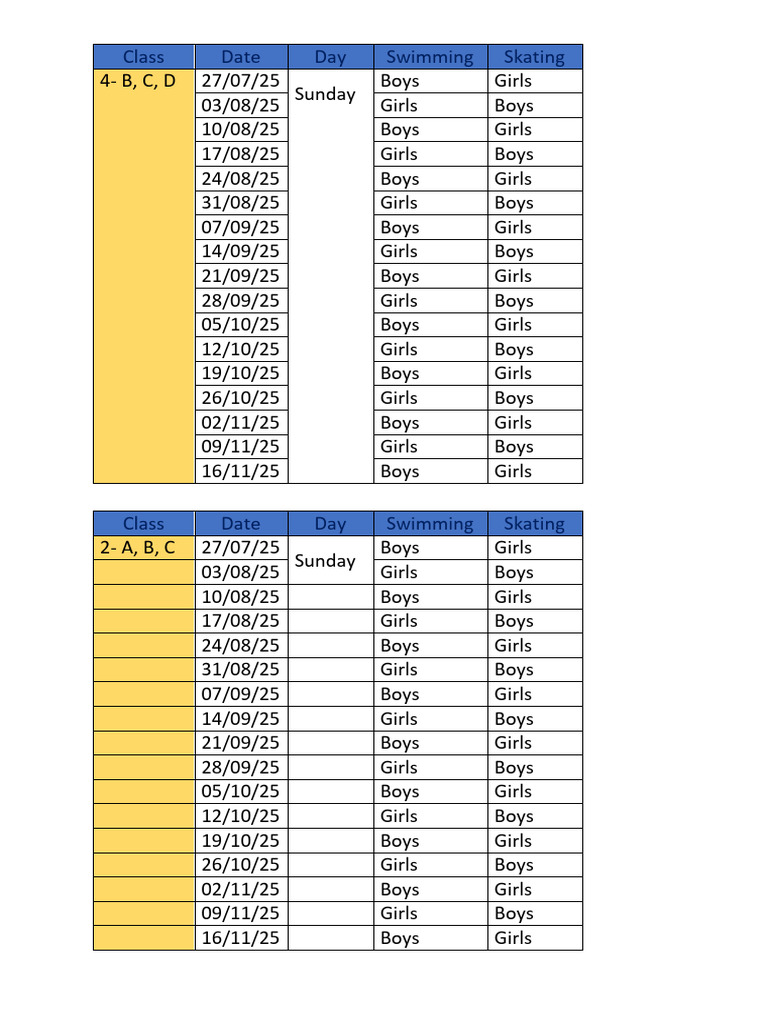 2025 Sports Schedule for Classes | PDF