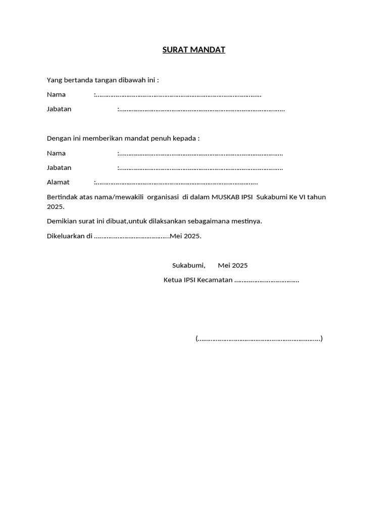 Surat Mandat MUSKAB IPSI Sukabumi 2025 | PDF