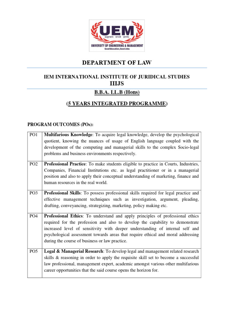 B.B.A. LL.B Program Outcomes and Skills | PDF | Lawsuit | Crime & Violence