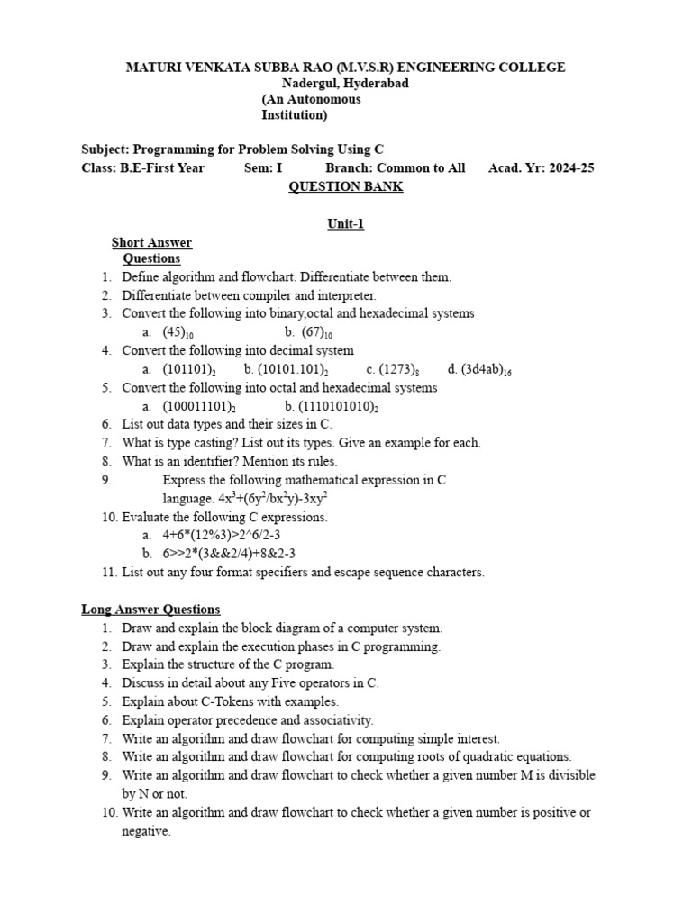 PPS Using C Question Bank (1) .Docx-1 | PDF | Pointer (Computer Programming) | Matrix (Mathematics)