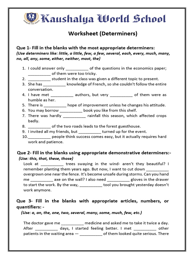 Determiners Worksheet | PDF