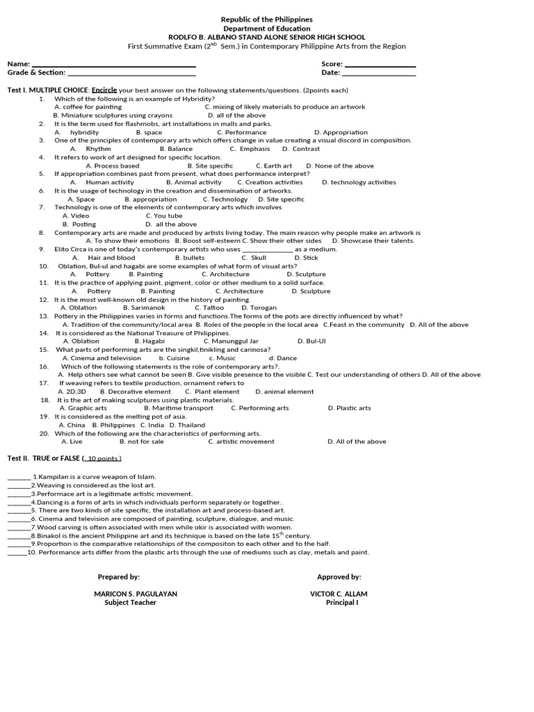 Senior High Exam on Contemporary Arts | PDF | Paintings | Sculpture