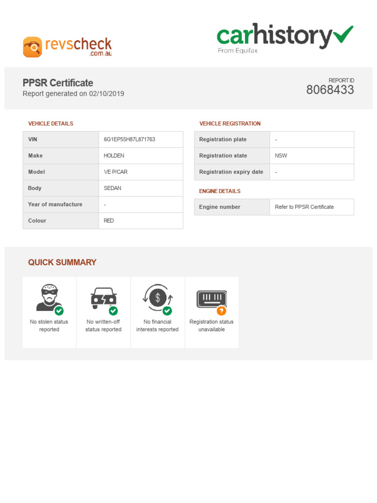 PPSR Vehicle History Report Summary | PDF | Privacy | Vehicles