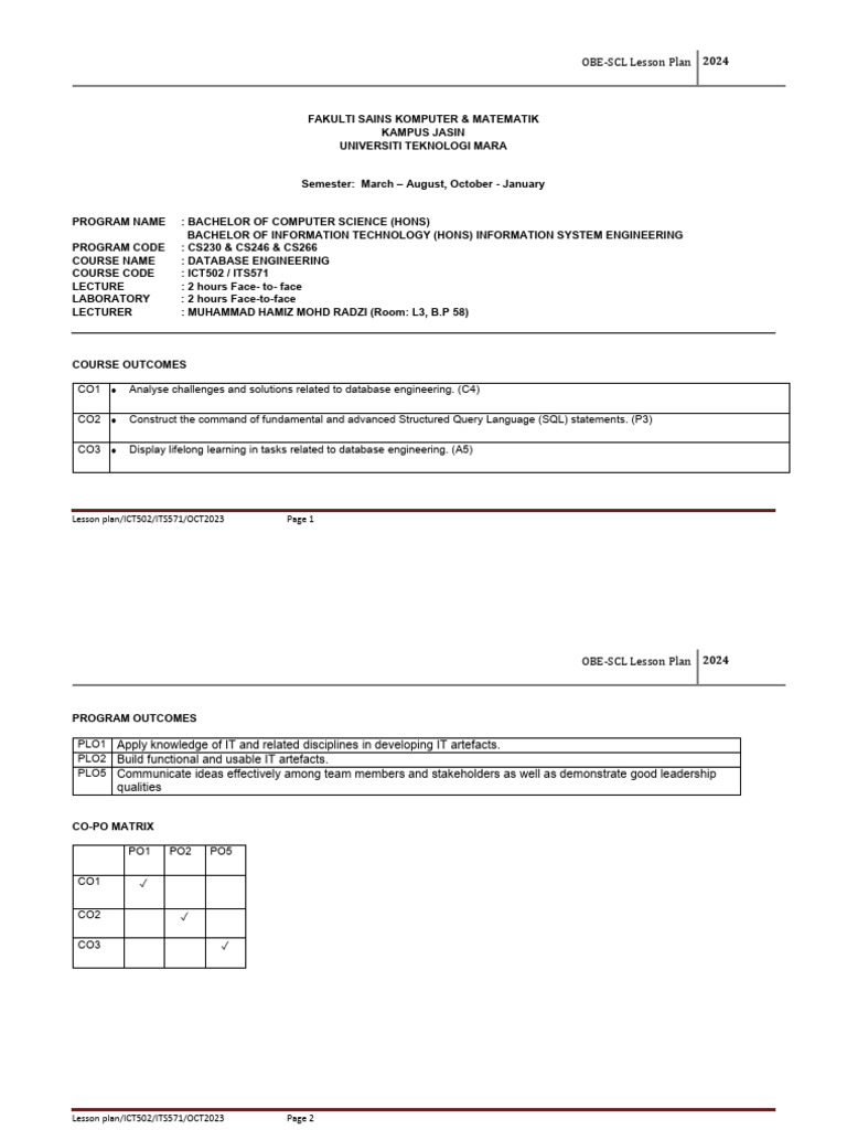 Ict502 Its571 Lesson Plan | PDF | Databases | Relational Database