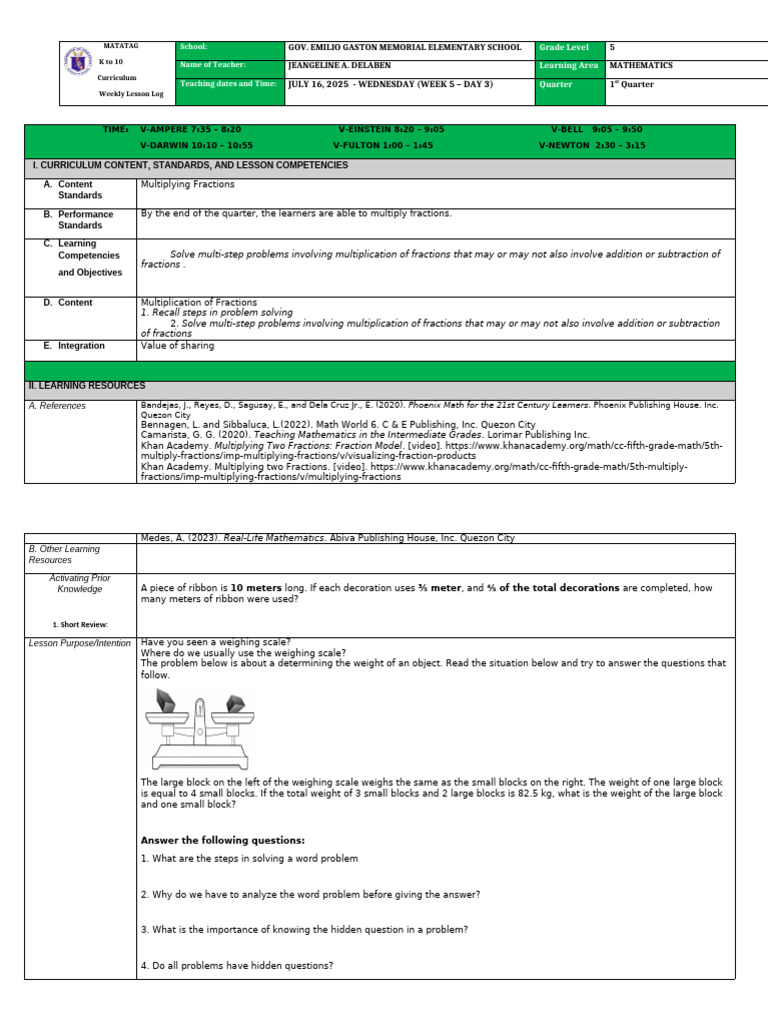 Grade 5 Math Weekly Lesson Plan | PDF | Equations | Weight