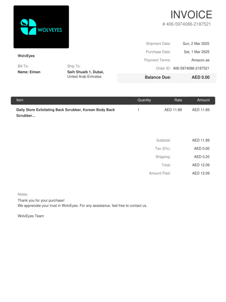 WolvEyes Invoice for Eiman - AED 12.09 | PDF