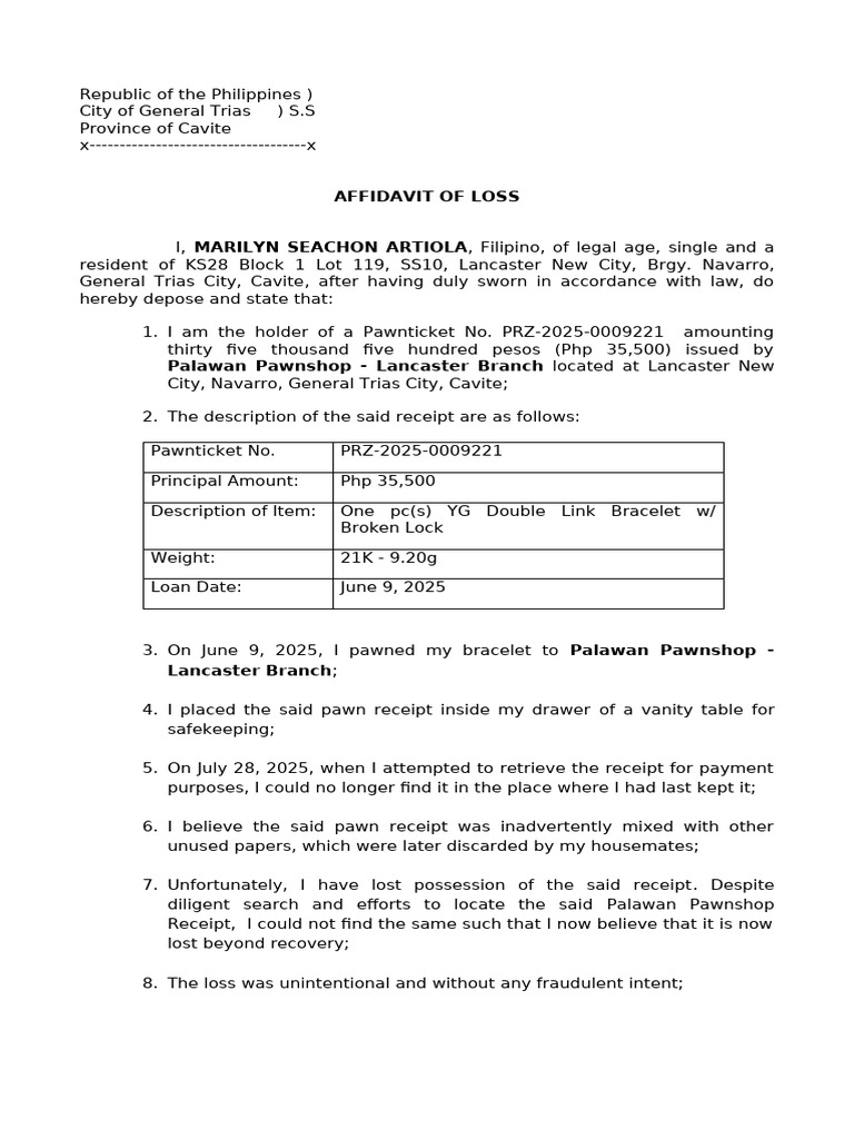 08.08.25 Affidavit of Loss RECEIPT Artiola | PDF | Affidavit | Pawnbroker