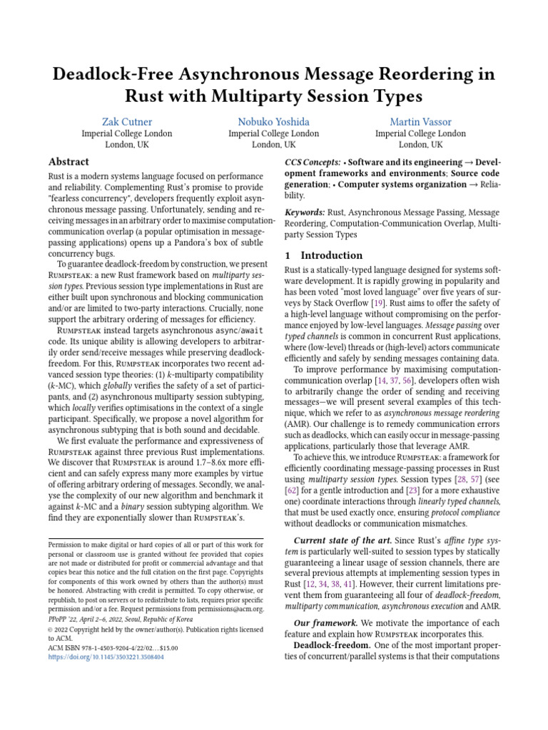 Deadlock-Free Asynchronous Message Reordering in Rust With Multiparty Session Types | PDF ...