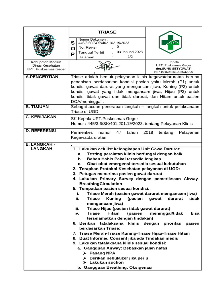 Prosedur Triase di UGD Puskesmas Geger | PDF