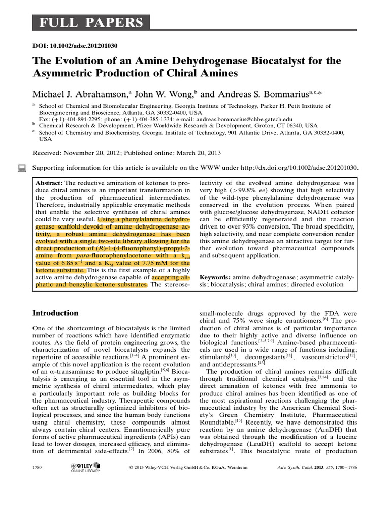 The Evolution of An Amine Dehydrogenase Biocatalyst For The Asymmetric ...