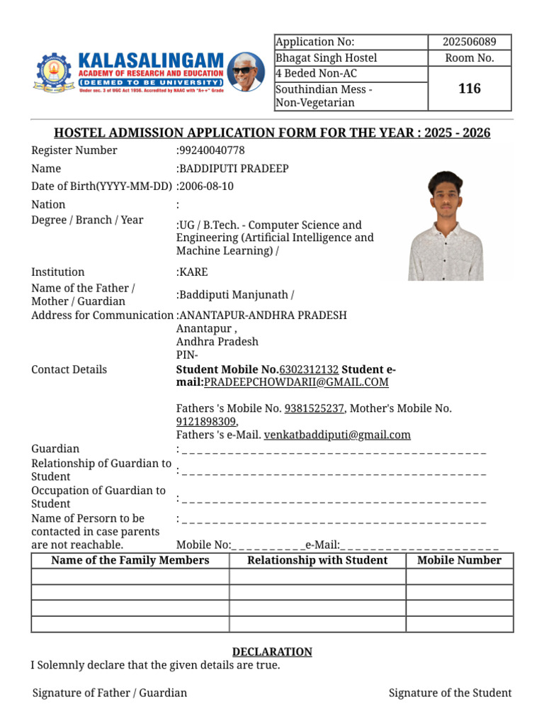 Kalasalingam University Hostels - Online Allotment Order | PDF