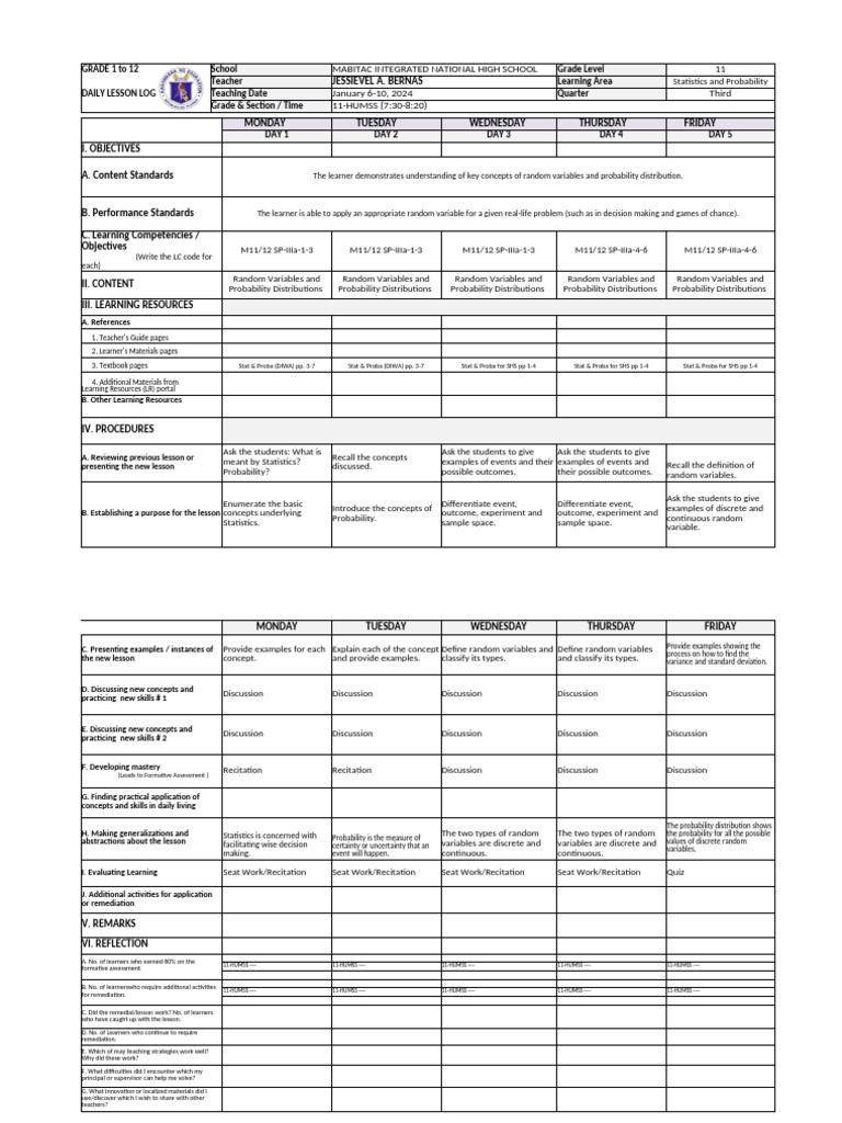 Daily Lesson Log: Statistics & Probability | PDF | Variance | Standard ...