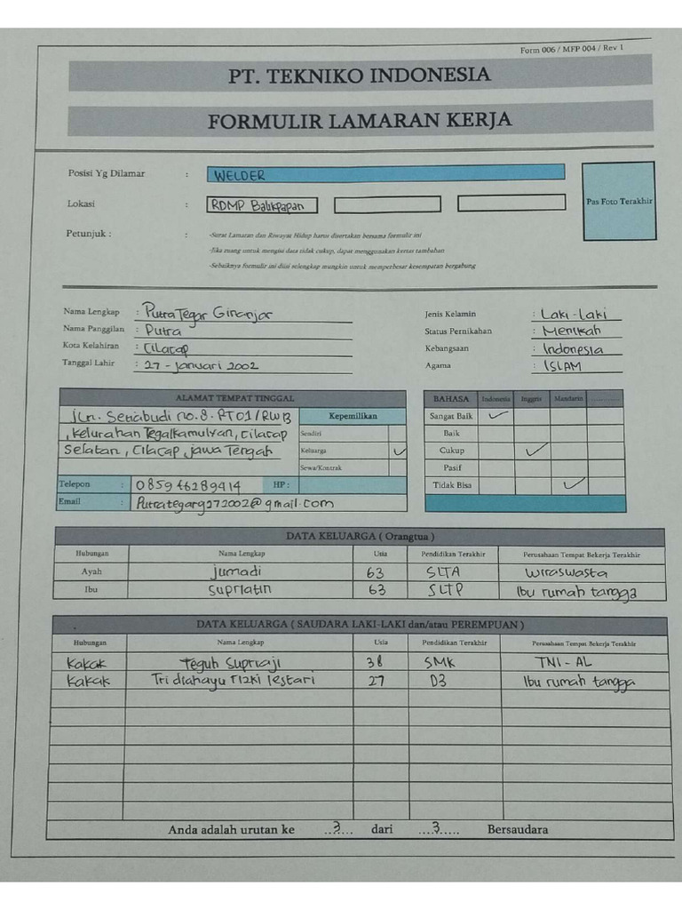Form Lamaran PT - Tekniko | PDF