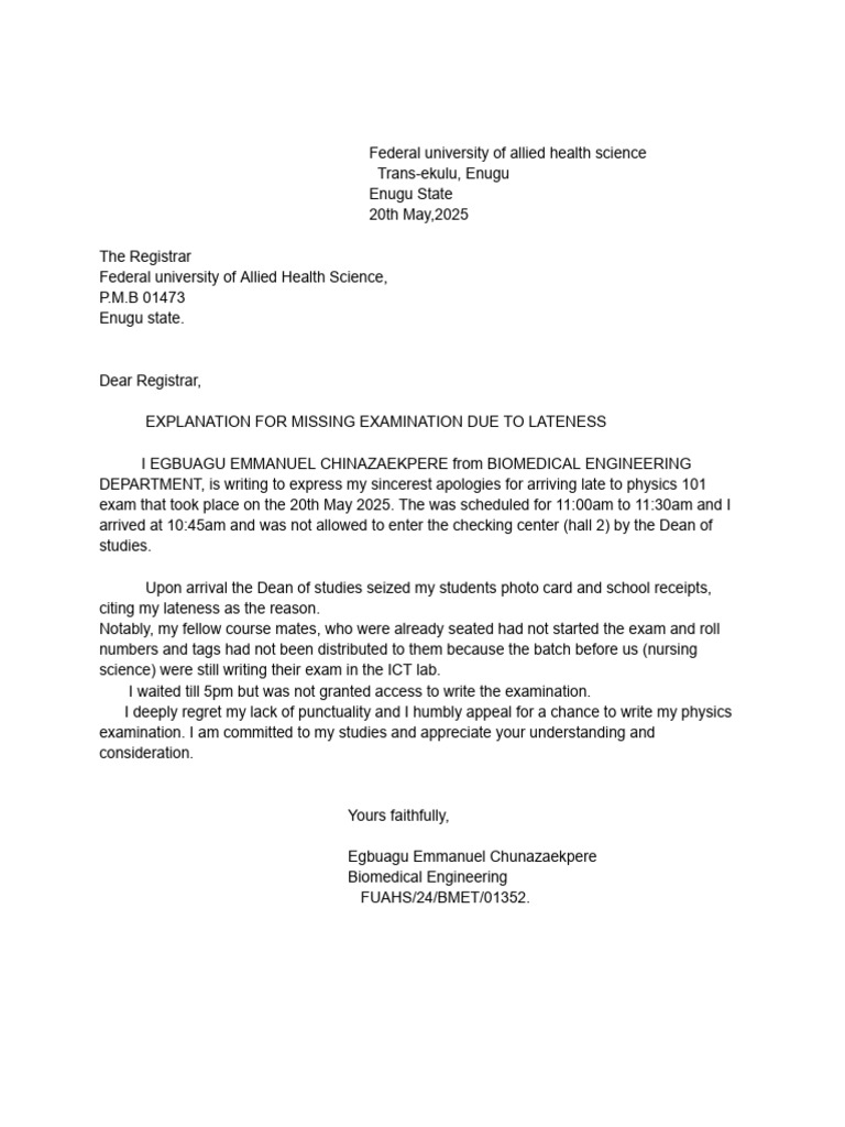 Apology for Late Exam Entry | PDF