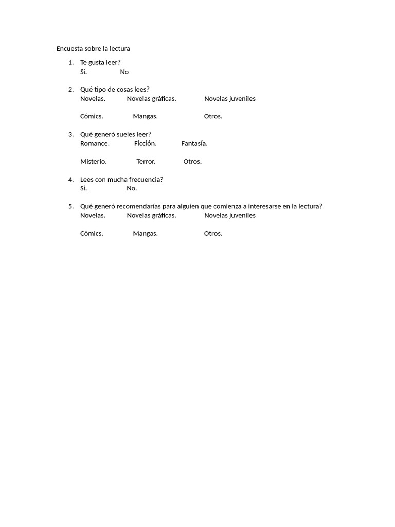 Encuesta sobre hábitos de lectura | PDF