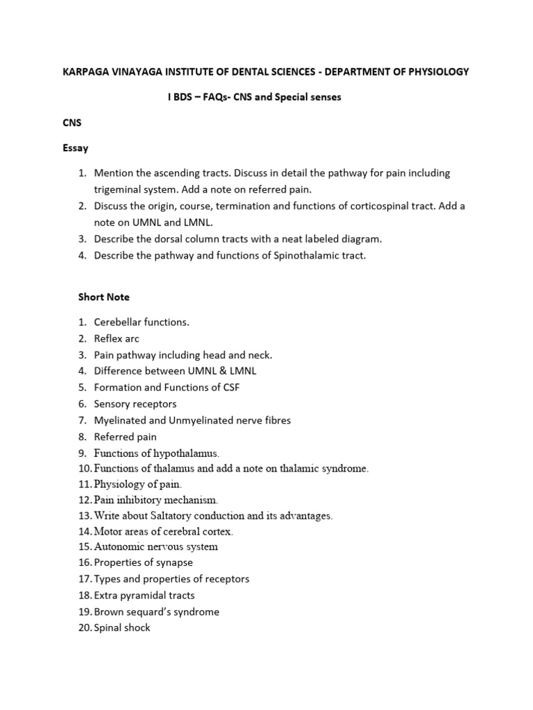 FAQs CNS and Special Senses | PDF