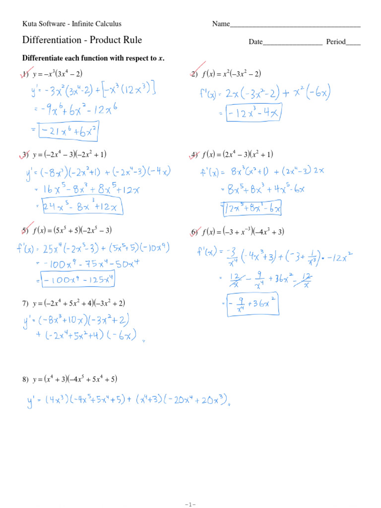 Product Rule Differentiation Worksheet | PDF | Calculus | Mathematical ...