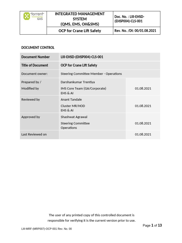 LIII MRF (MRP007) OCP 001 - Crane Lift Safety Procedure | PDF | Crane ...