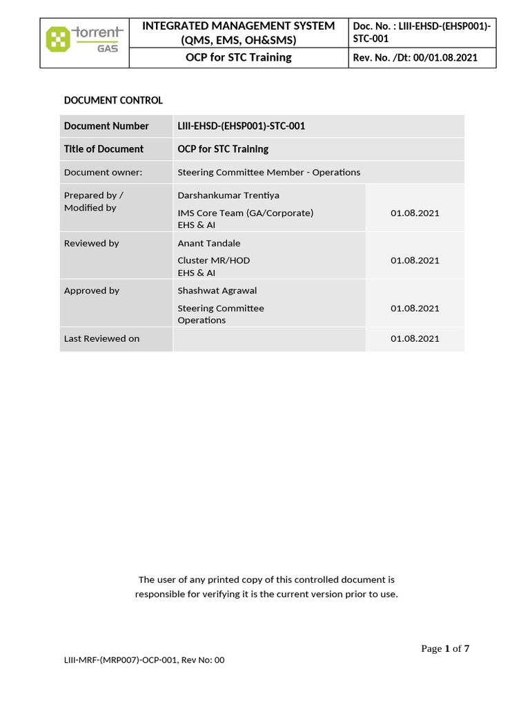 Liii MRF (Mrp007) Ocp 001 - STC Training Procedure | PDF | Occupational ...