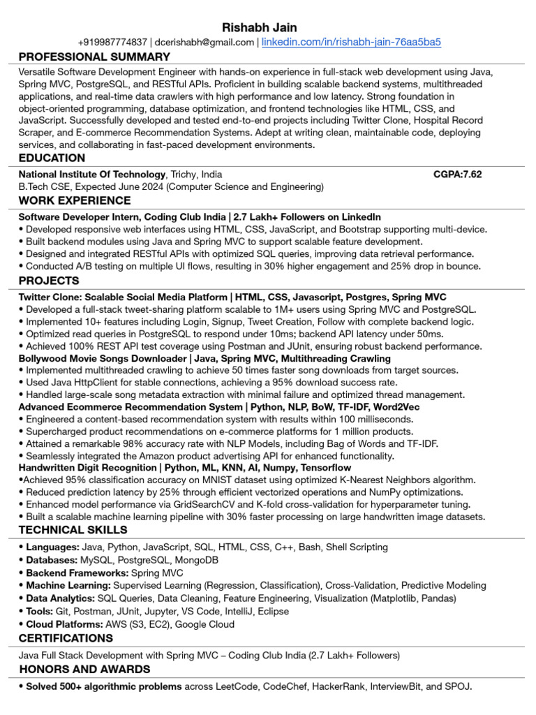 Software Developer Resume by Coding Mafia | PDF | Postgre Sql | Machine Learning