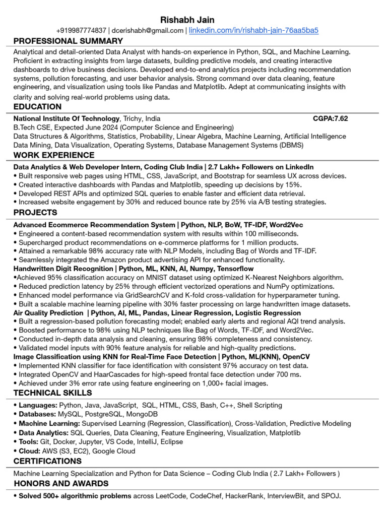 Data Analyst Resume: Python & ML Skills | PDF | Machine Learning | Data ...