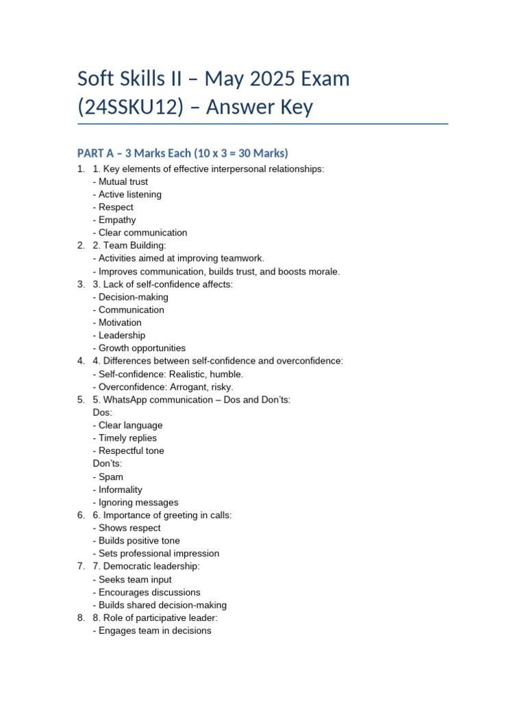 Soft Skills II Exam Answer Key 2025 | PDF | Communication | Body Language