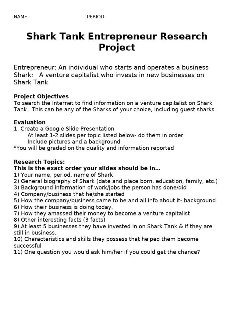 Shark Tank Entrepreneur Research Project | PDF
