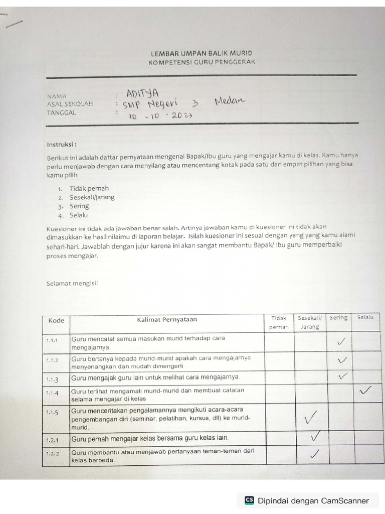 Umpan Balik Murid (Aditya) | PDF