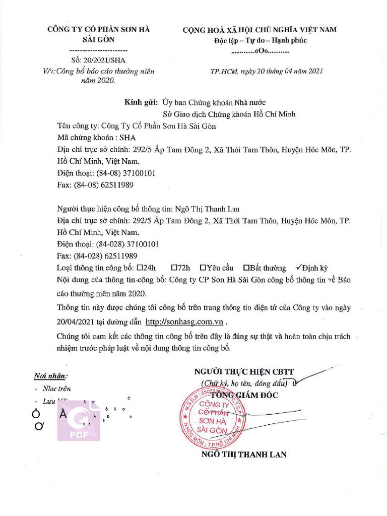 Sha Cong Bo Bao Cao Thuong Nien 2020 | PDF