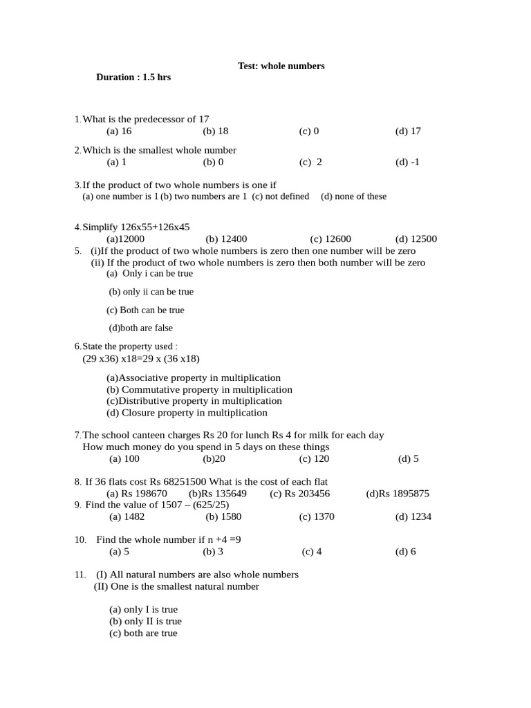 Whole Numbers Test Questions | PDF | Natural Number | Integer