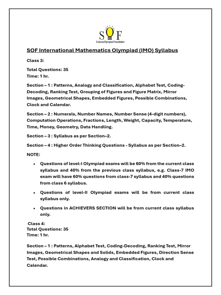 SOF International Mathematics Olympiad (IMO) Syllabus | PDF | Geometry | Equations