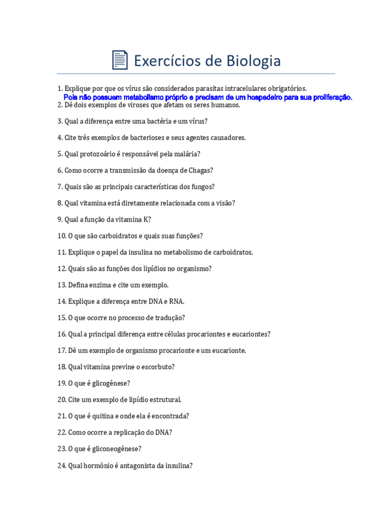 Exercicios Biologia | PDF | Célula (Biologia) | Organismos