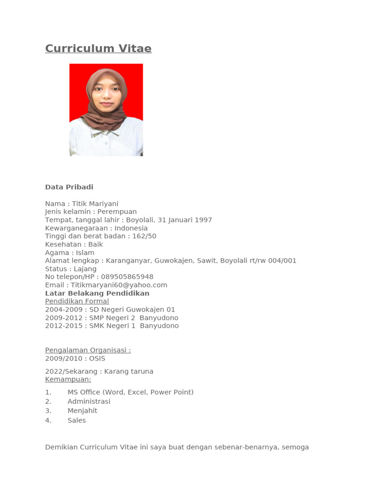 CV Titik Mariyani: Pendidikan & Keterampilan | PDF