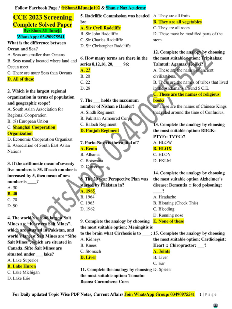 CCE-2023 Complete Full Solved Paper by Shan Ali Junejo 03490975541 | PDF