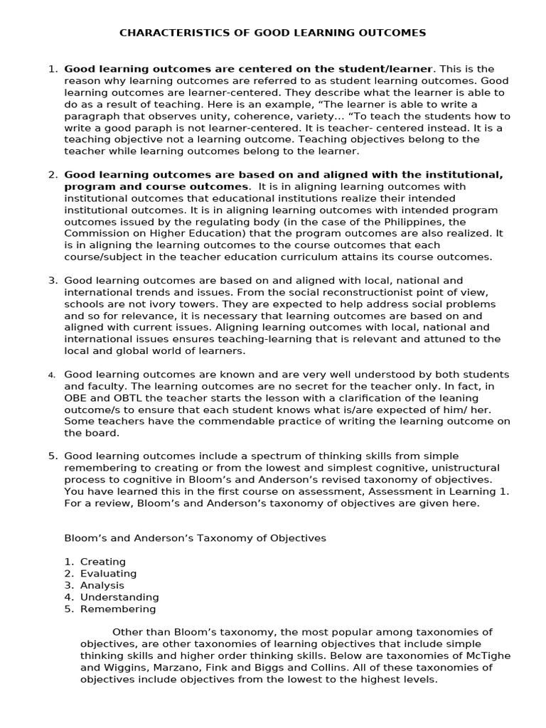 Characteristics of Good Learning Outcomes | PDF | Learning | Teachers