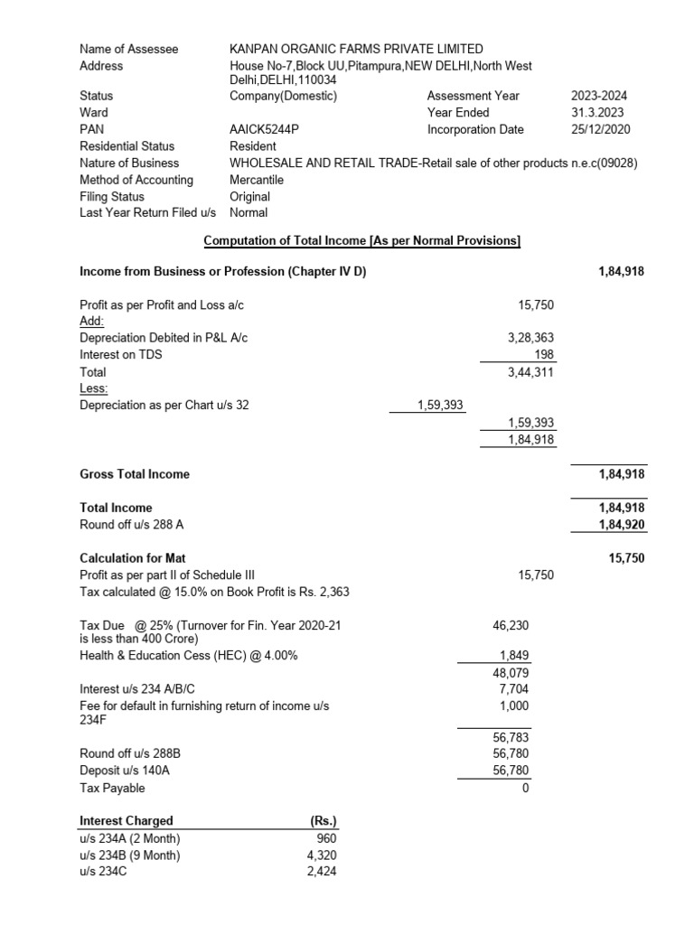 Computation A.Y 2023-24 | PDF | Tax Deduction | Depreciation