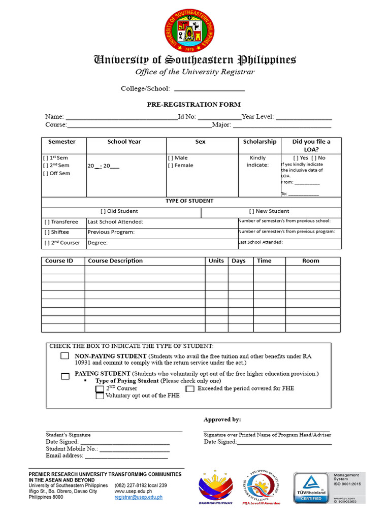 USEP Pre-Enrollment Registration Form | PDF