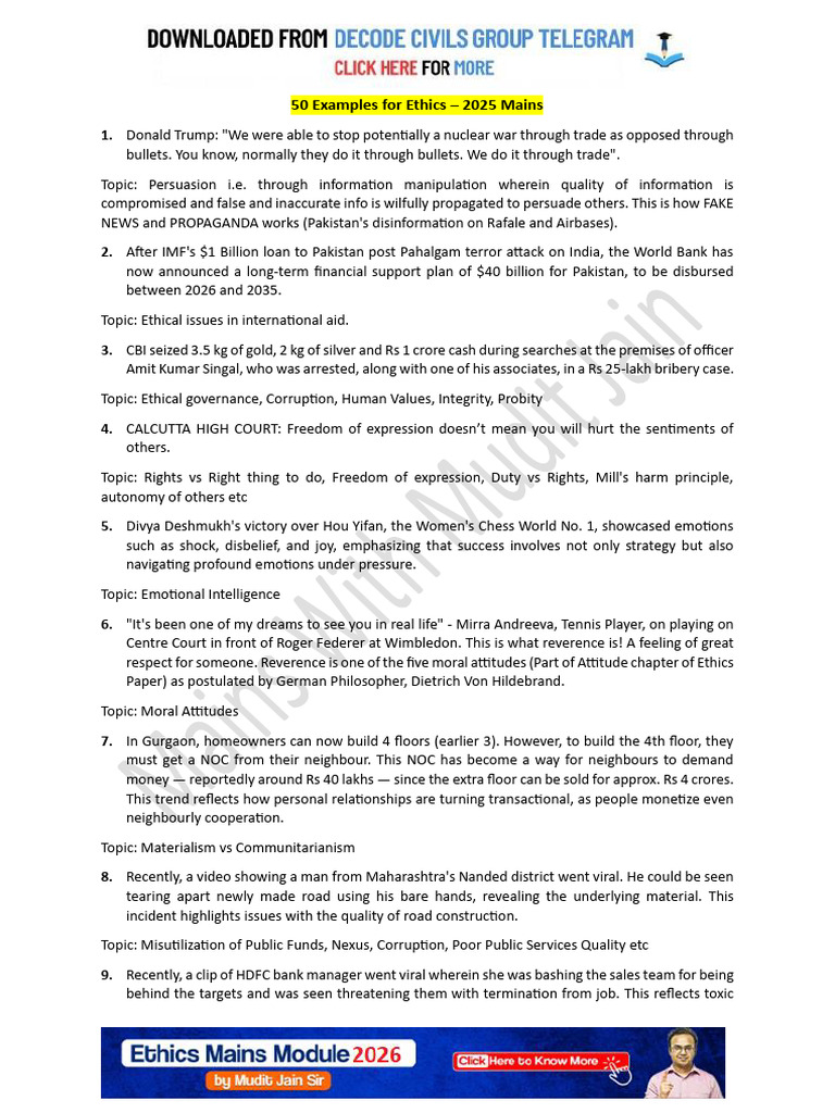 Ethics 2025 Mains 50 Examples | PDF | Empathy | Justice