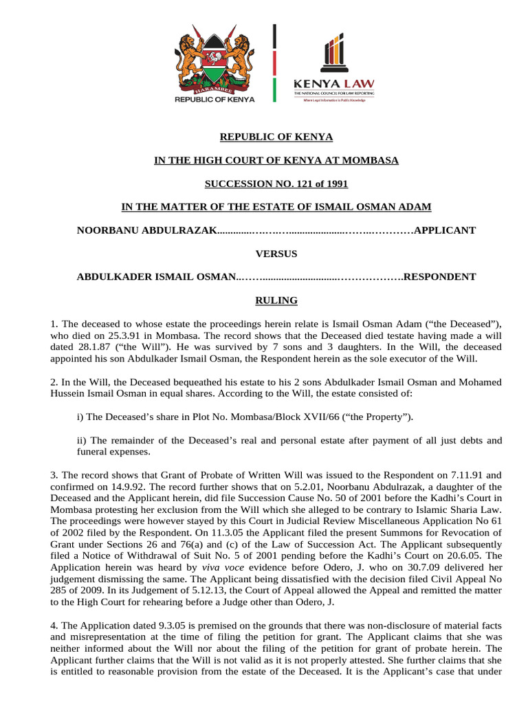 Noorbanu Abdulrazak V Abdulkader Ismail Osman 2017KEHC5643 (KLR) | PDF ...