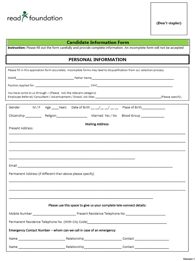 Candidate Information Form Template | PDF