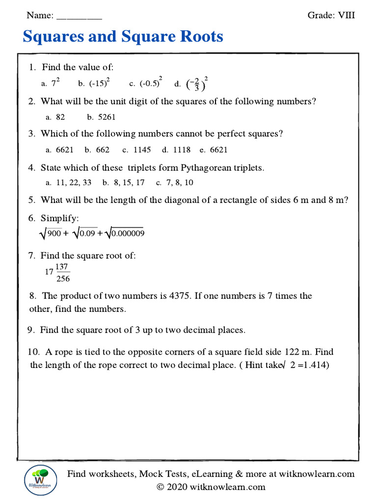 Class 8 Squares and Roots Worksheet | PDF