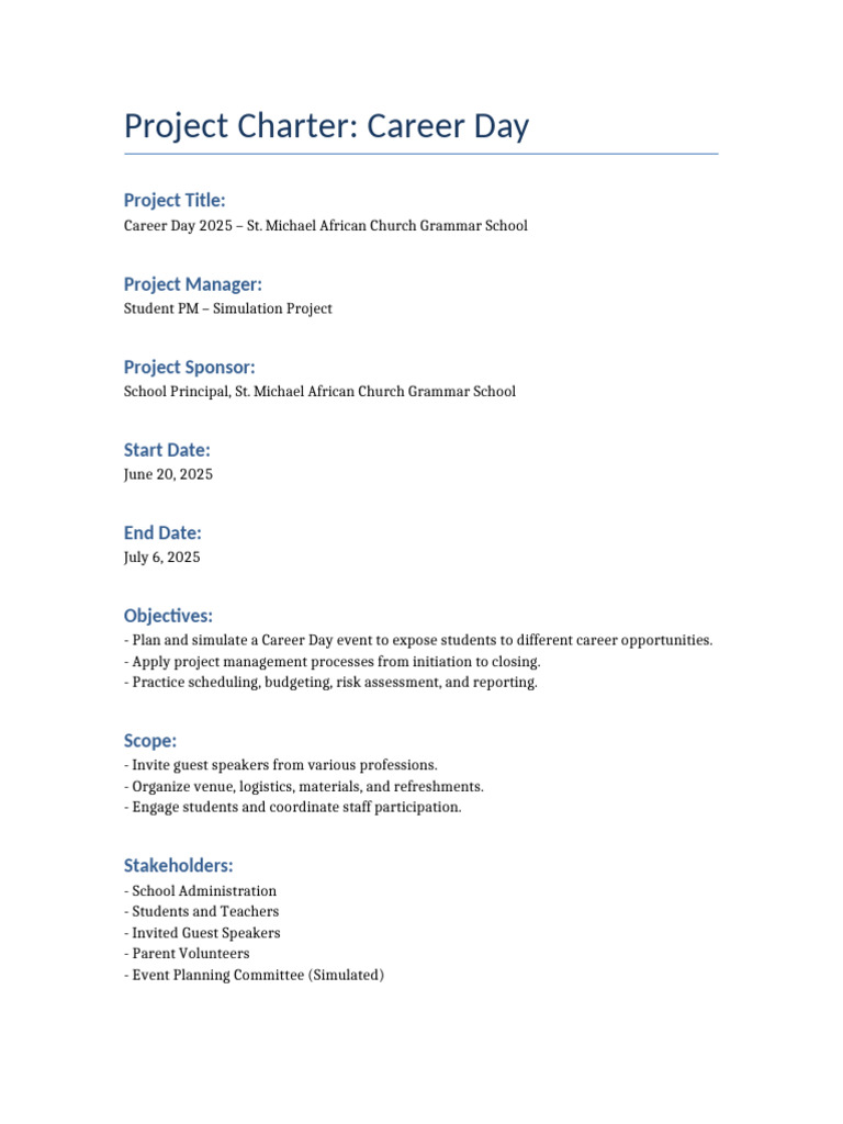 Career Day Project Charter 2025 | PDF