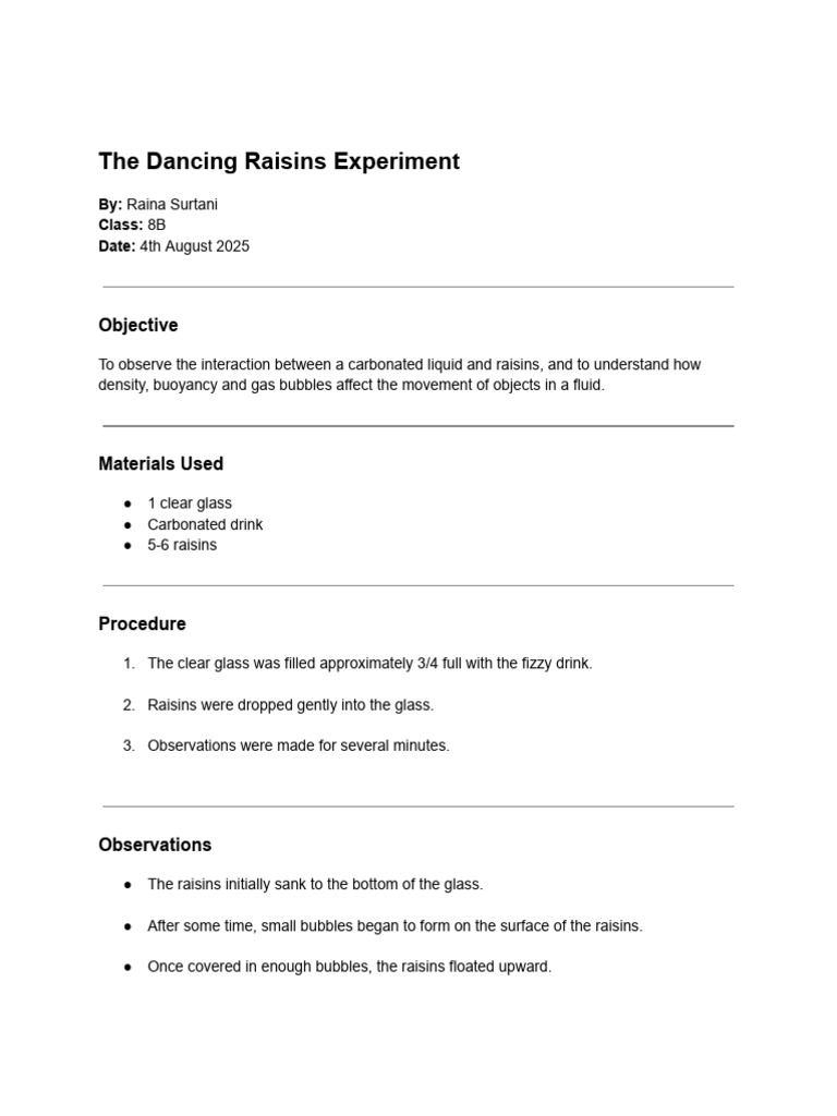 The Dancing Raisins Experiment | PDF | Buoyancy | Density