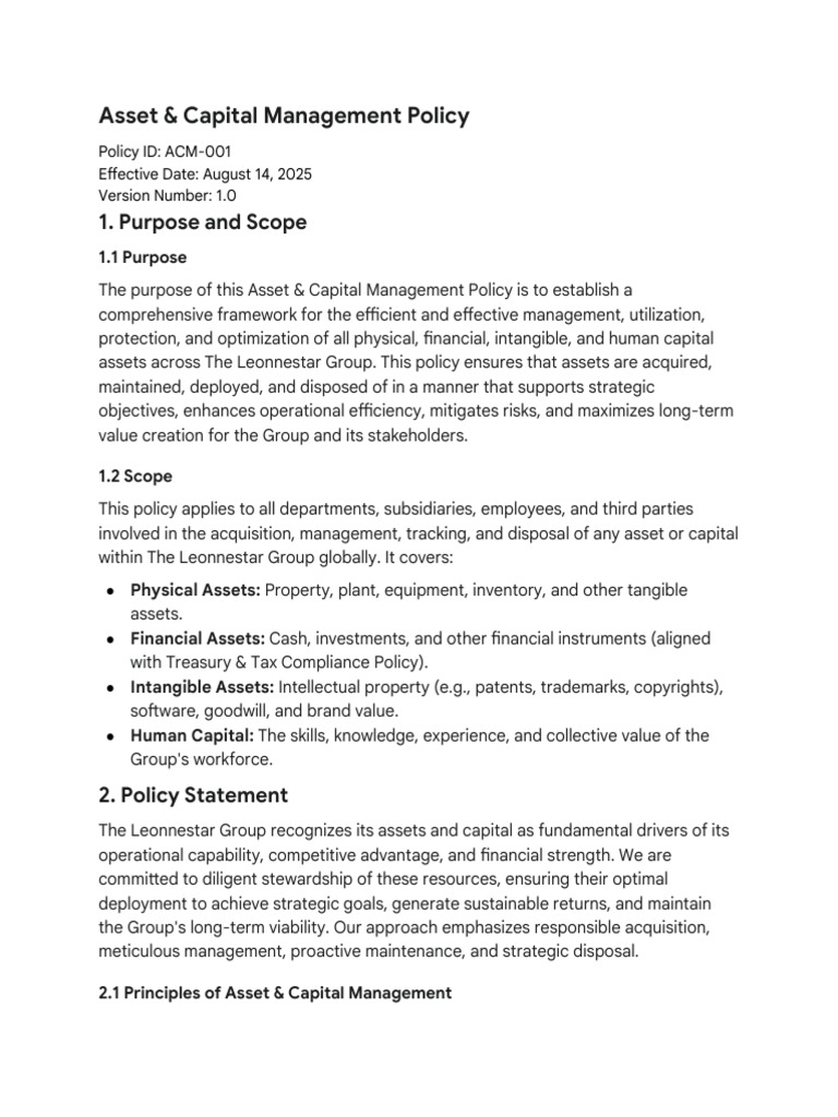 Asset & Capital Management Policy | PDF | Mergers And Acquisitions ...