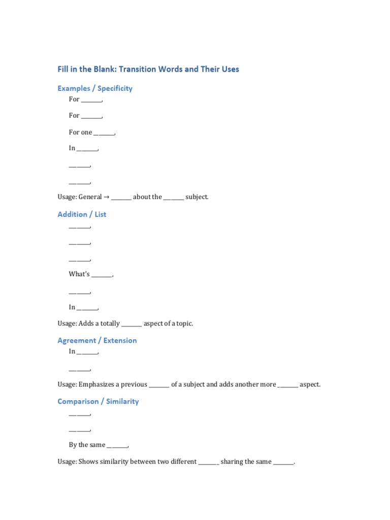 Transition Words Fill in Blank Worksheet | PDF