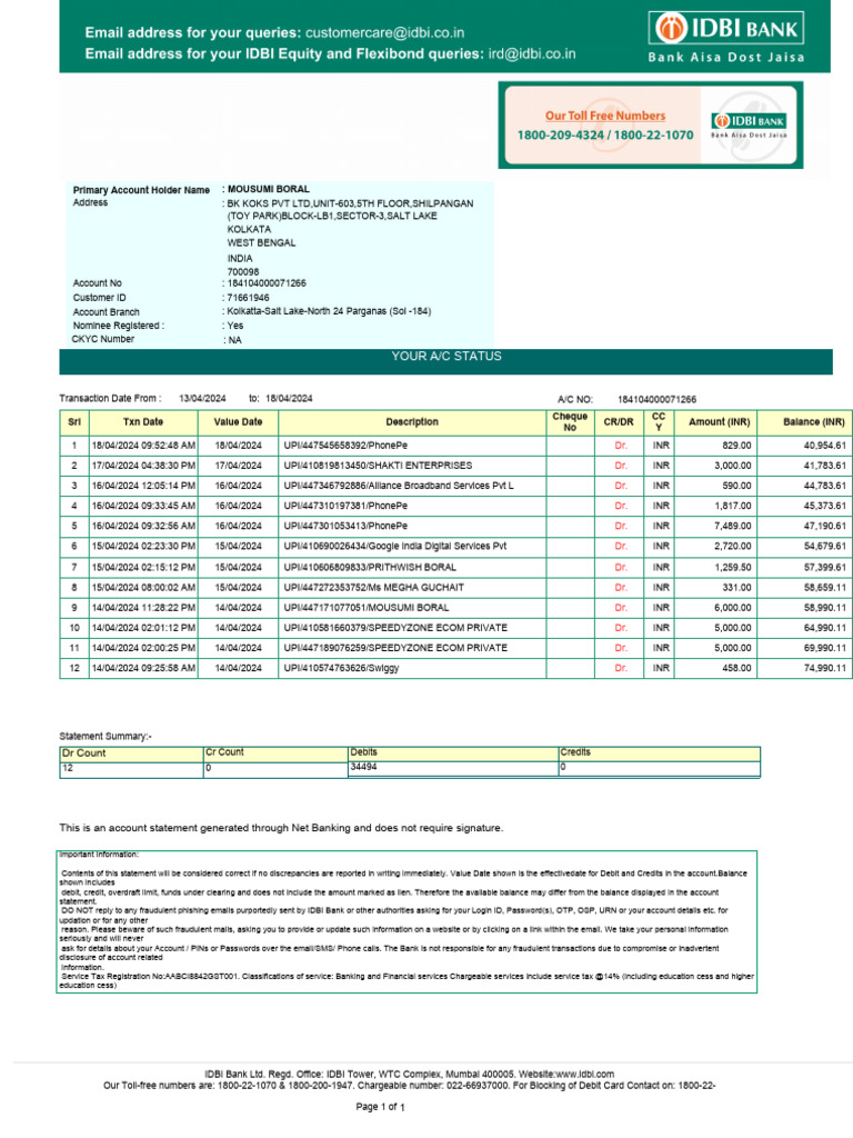 IDBI Bank Statement 13.04.2024 To 18.04.2024 | PDF | Banking Technology ...